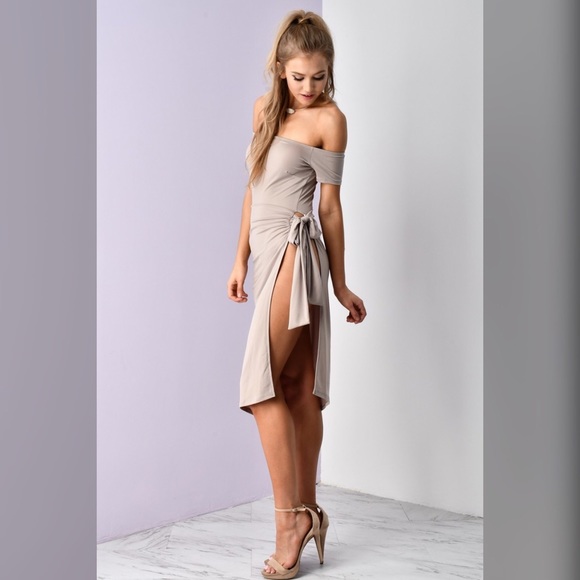 Dresses | Hp Elise Taupe Side Tie Up Midi | Poshmark